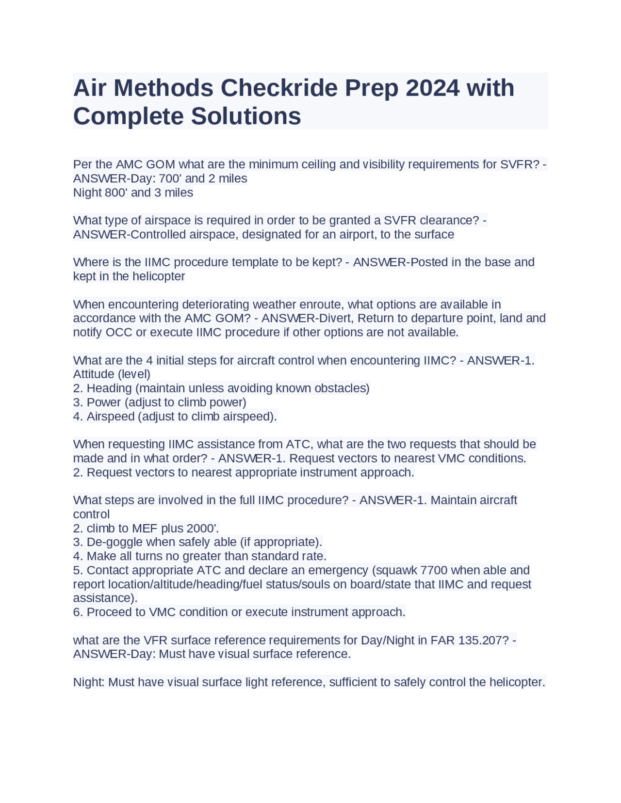 Air Methods Checkride Prep 2024 with Complete Solutions | Exams Nursing ...