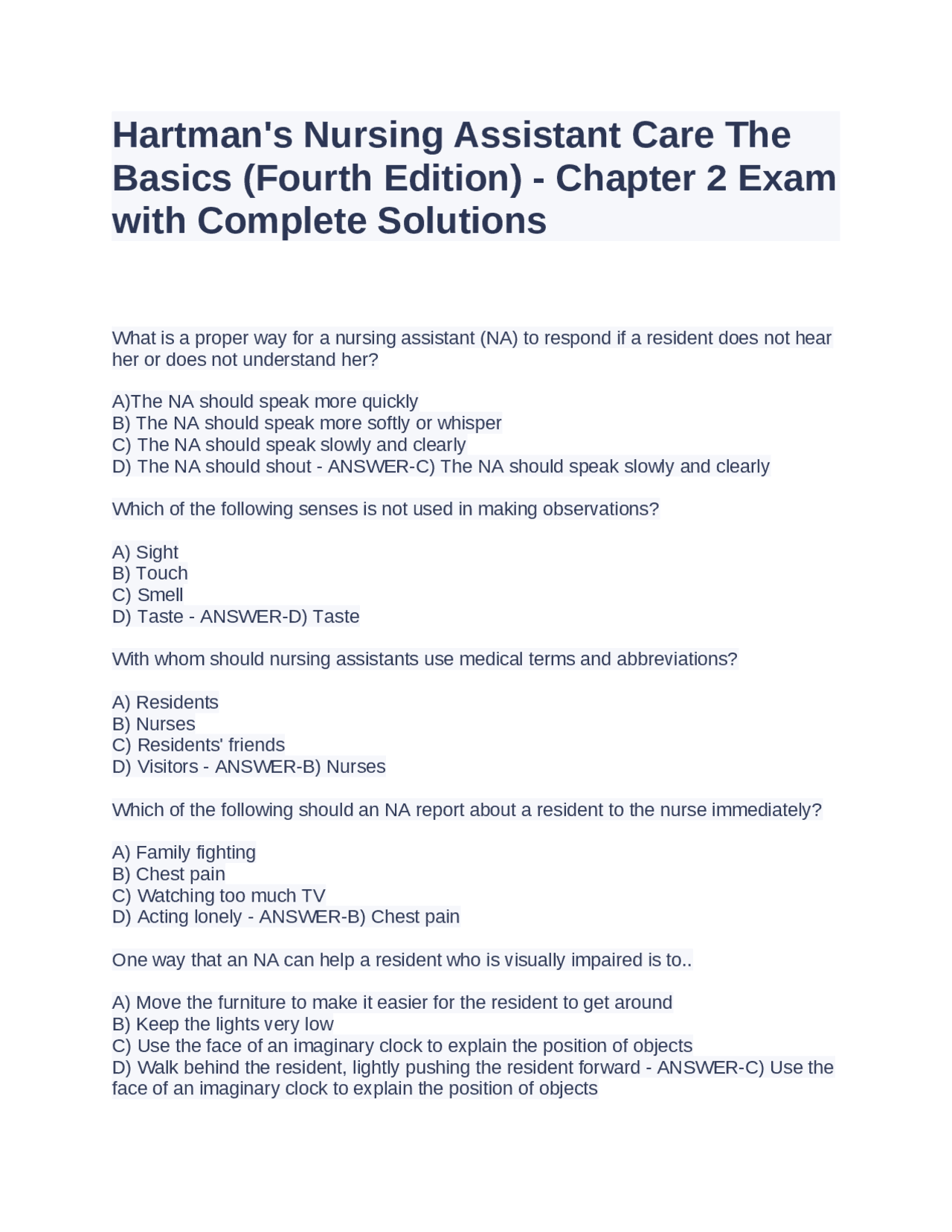 Hartman's Nursing Assistant Care The Basics (Fourth Edition) - Chapter ...