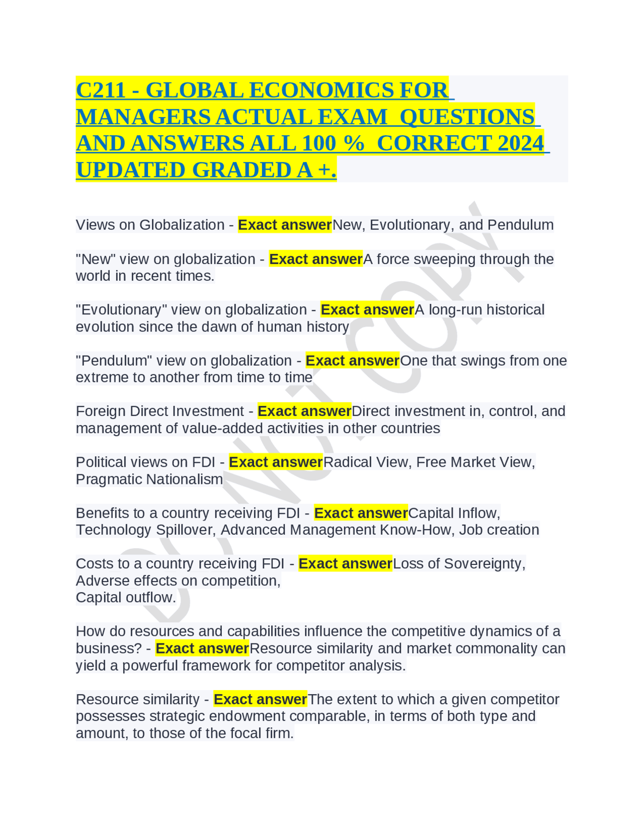 C211 - GLOBAL ECONOMICS FOR MANAGERS ACTUAL EXAM QUESTIONS AND ANSWERS ...