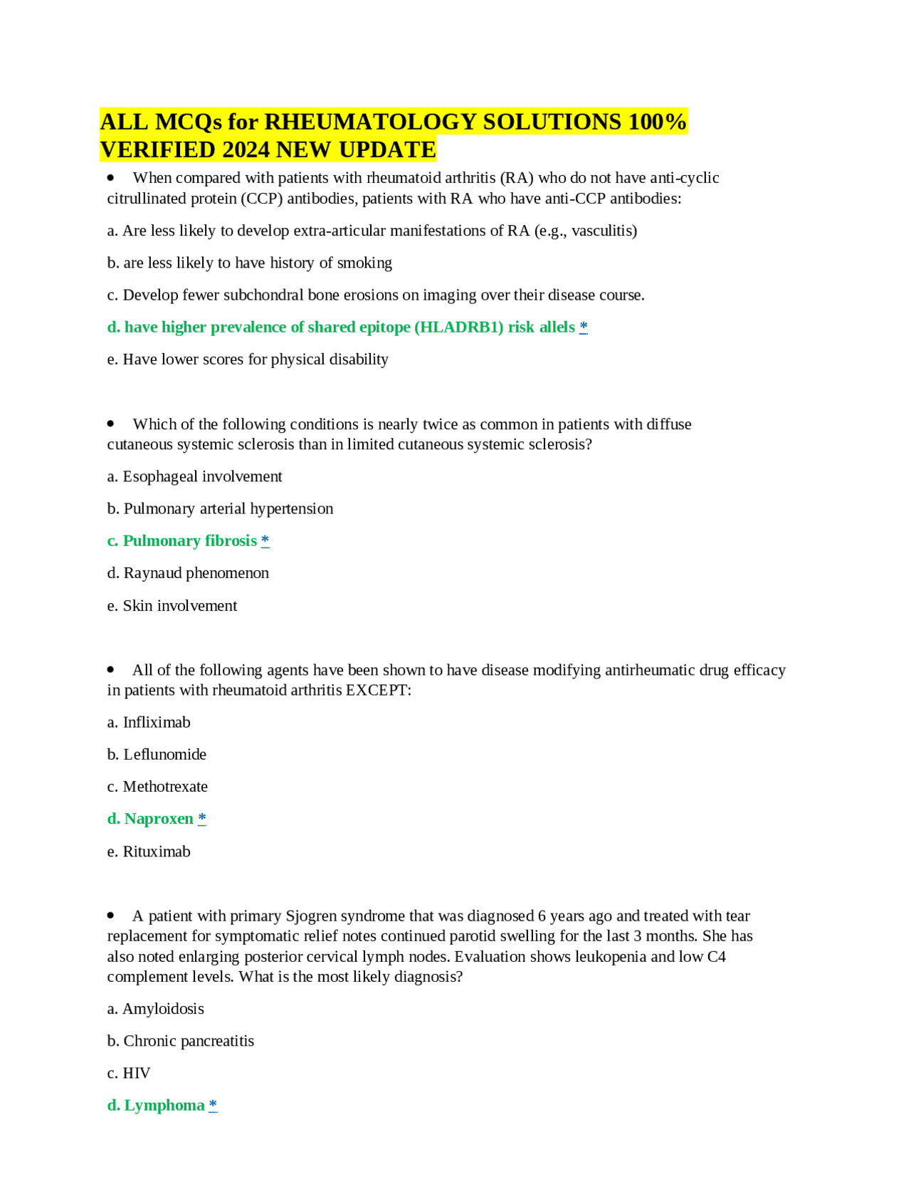 ALL MCQs for RHEUMATOLOGY SOLUTIONS 100% VERIFIED 2024 NEW UPDATE ...