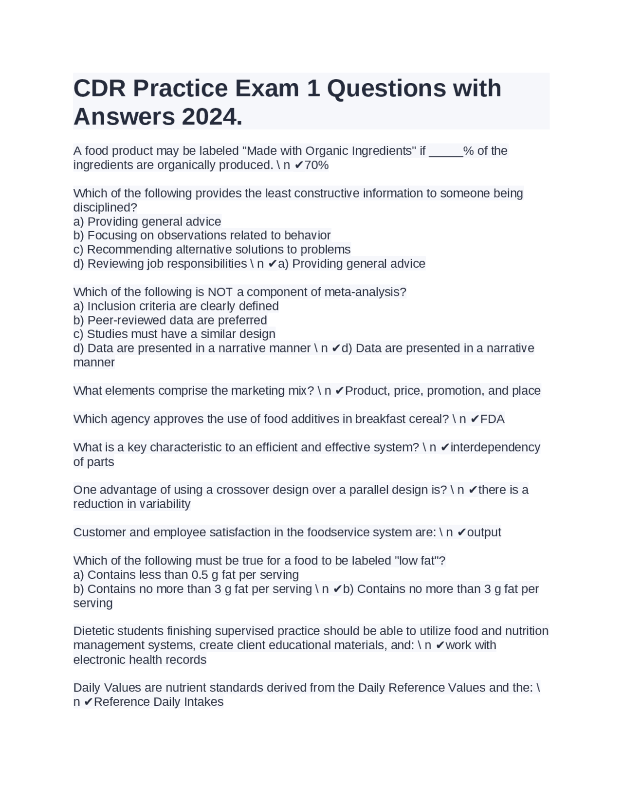 CDR Practice Exam 1 Questions with Answers 2024. | Exams Nursing | Docsity