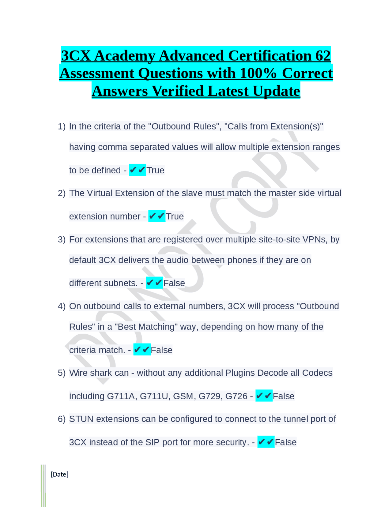 3CX Academy Advanced Certification 62 Assessment Questions with 100% ...