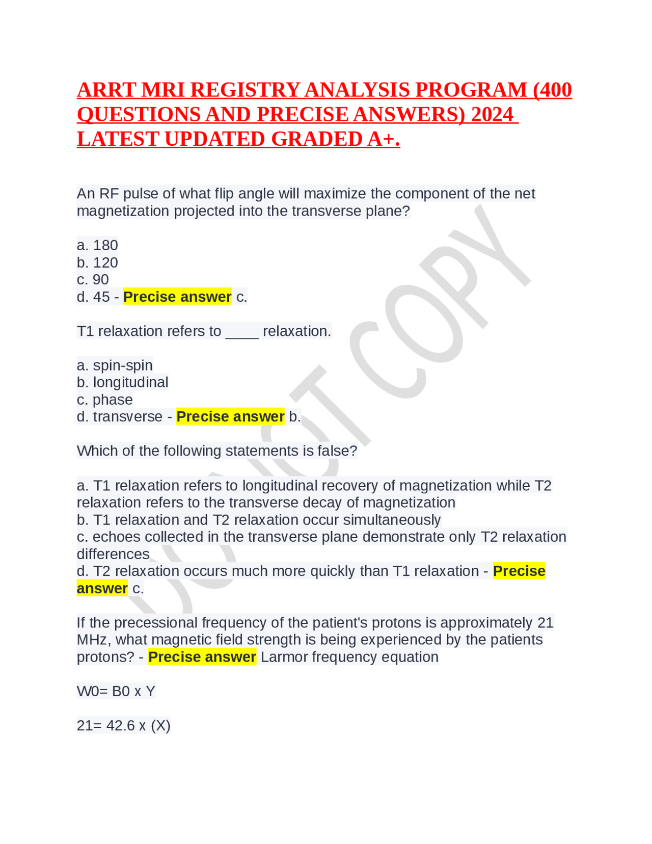 ARRT MRI REGISTRY ANALYSIS PROGRAM (400 QUESTIONS AND PRECISE ANSWERS ...