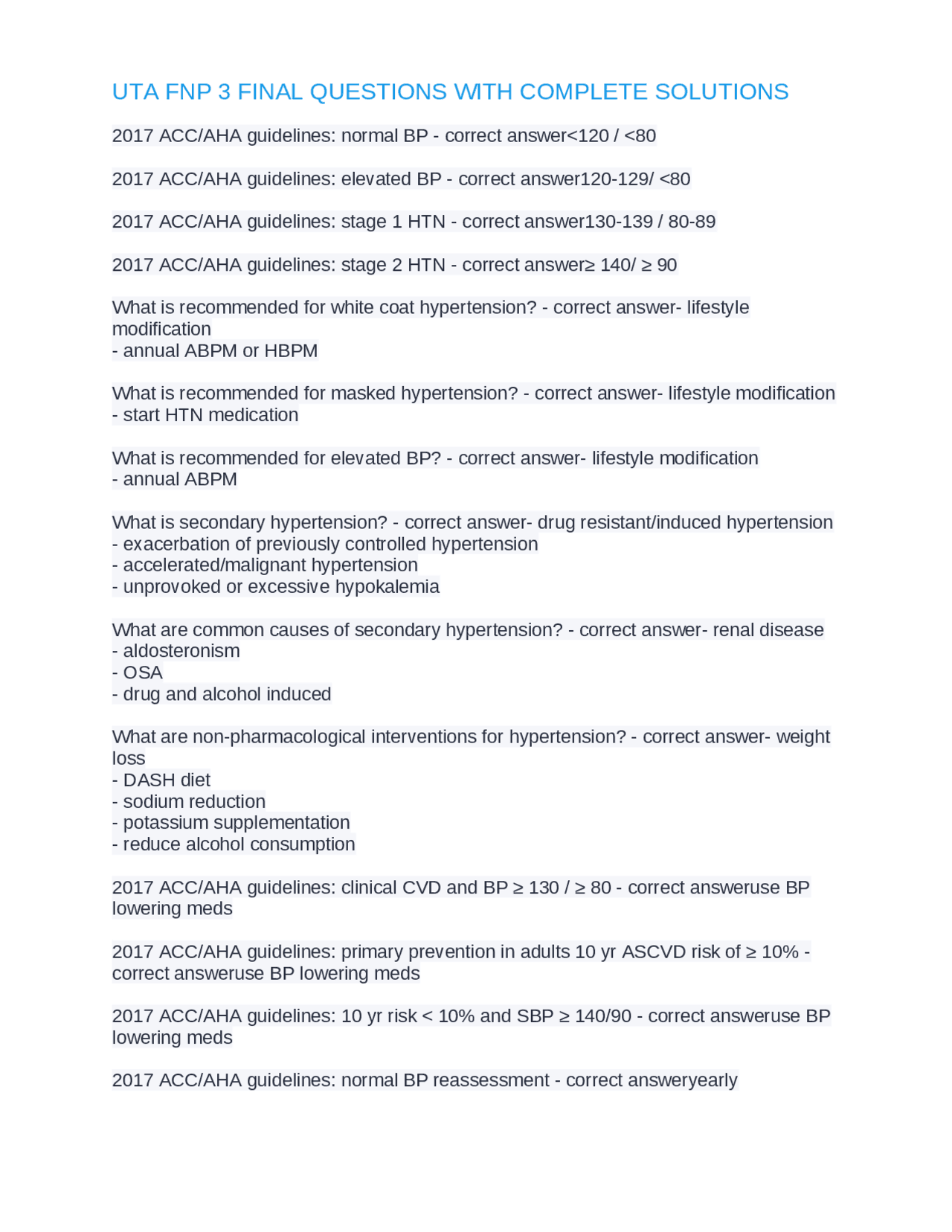 UTA FNP 3 FINAL QUESTIONS WITH COMPLETE SOLUTIONS | Exams Nursing | Docsity