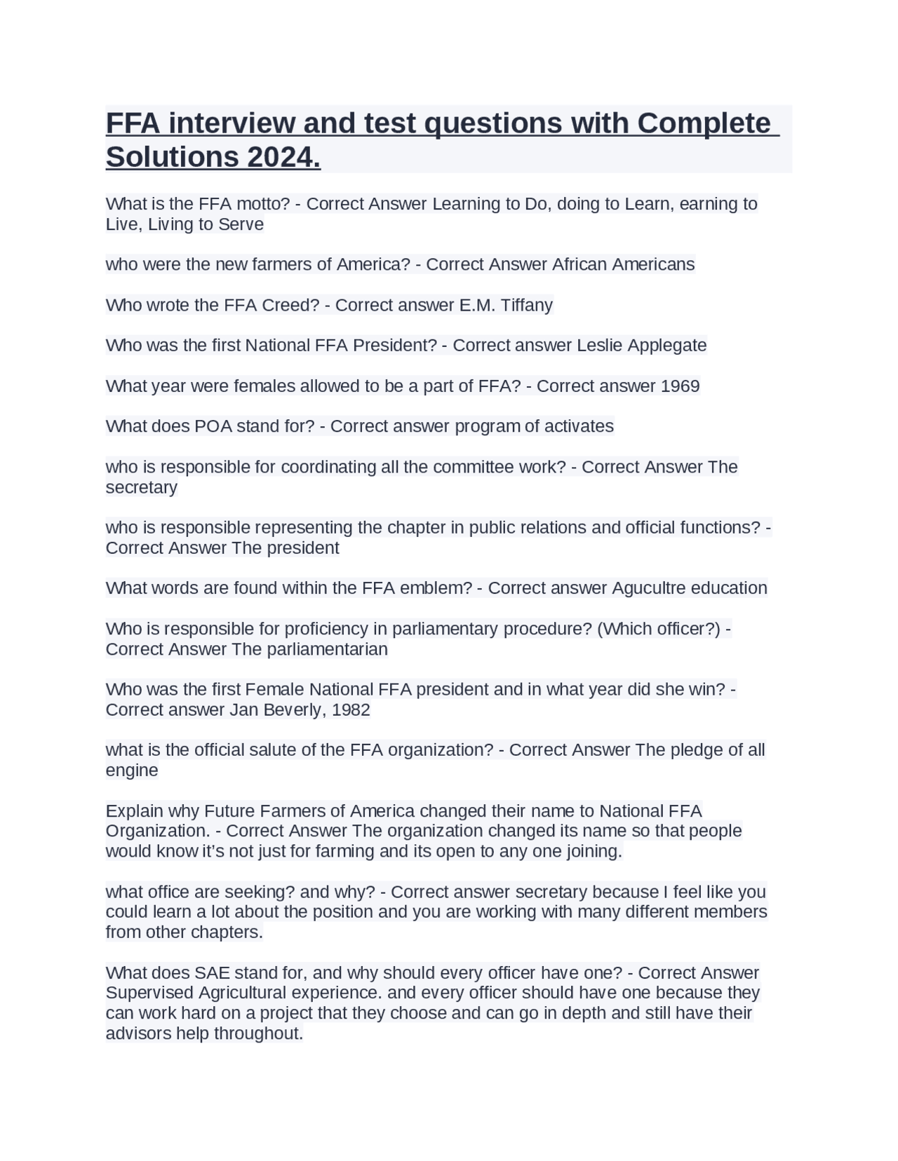 FFA interview and test questions with Complete Solutions 2024. | Exams ...