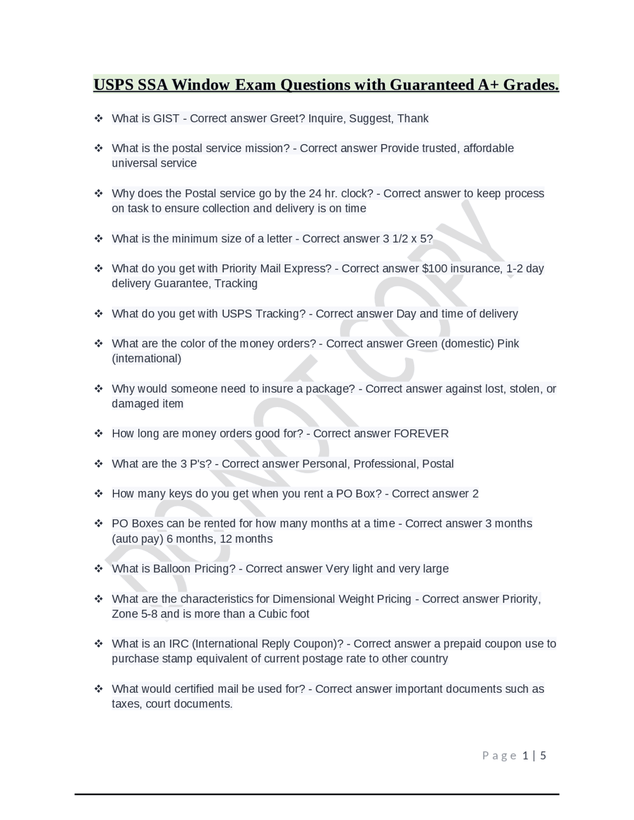 USPS SSA Window Exam Questions with Guaranteed A+ Grades. | Exams ...