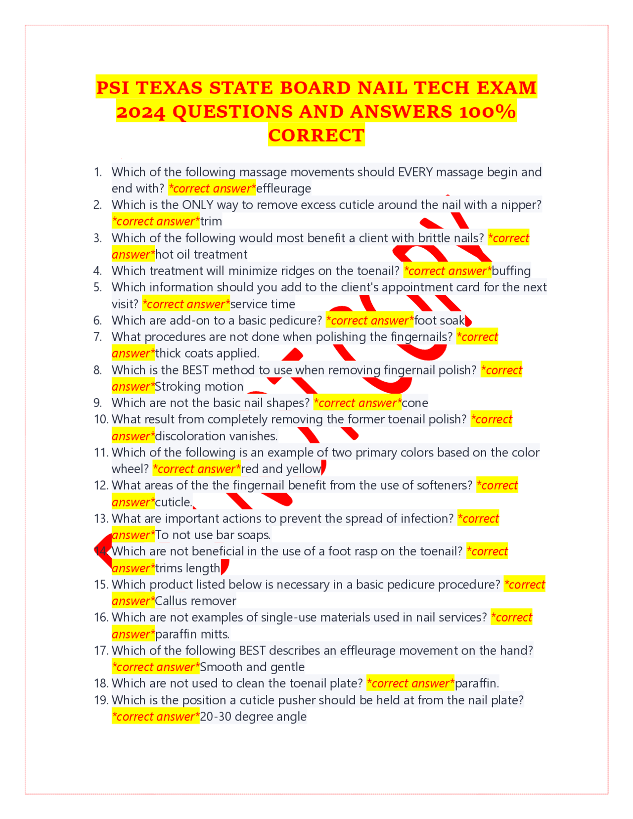 PSI TEXAS STATE BOARD NAIL TECH EXAM 2024 QUESTIONS AND ANSWERS 100% CORRECT | Exams Nursing ...