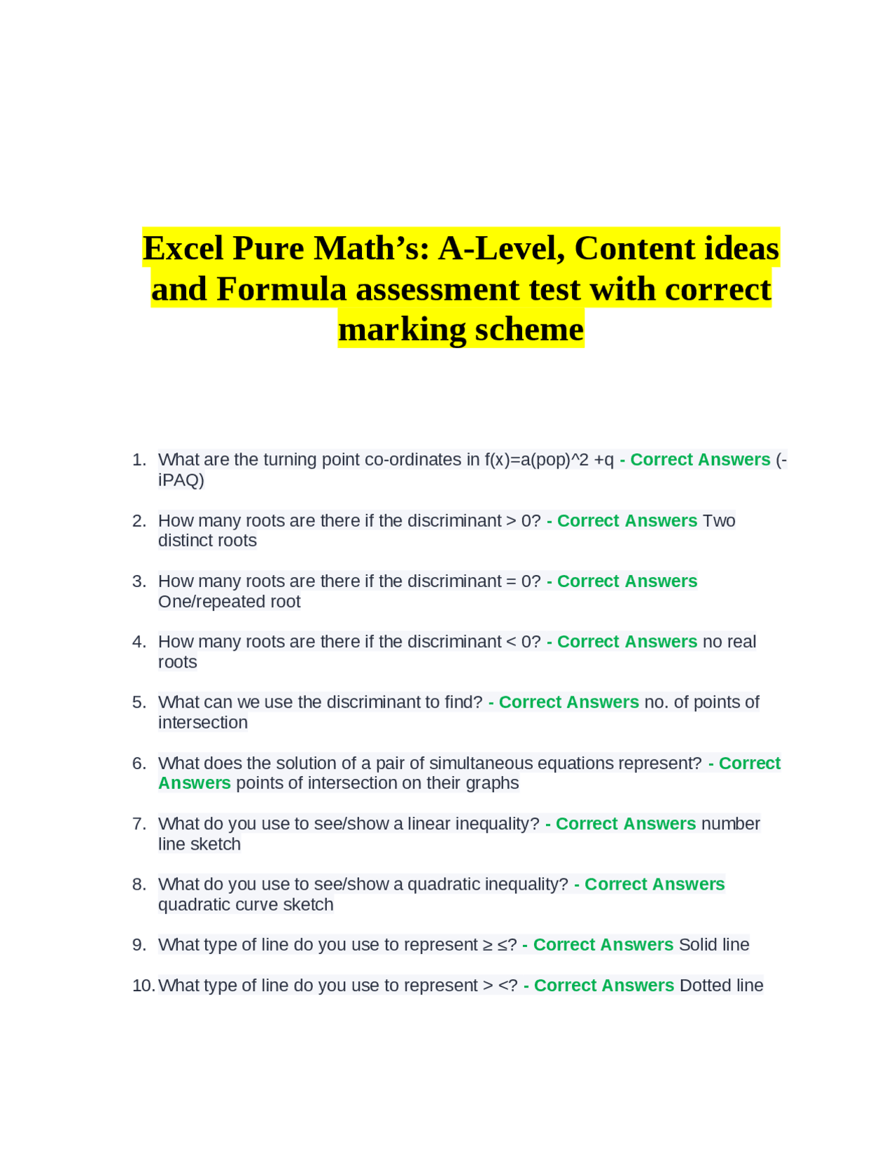 Excel Pure Math’s: A-Level, Content ideas and Formula assessment test ...