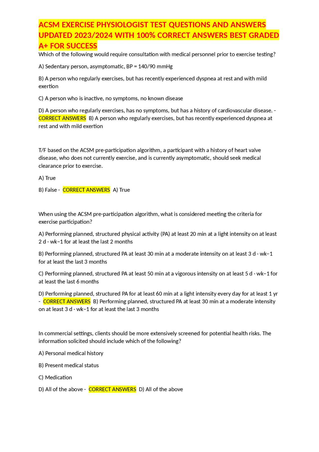 ACSM EXERCISE PHYSIOLOGIST TEST QUESTIONS AND ANSWERS UPDATED 2023/2024 ...