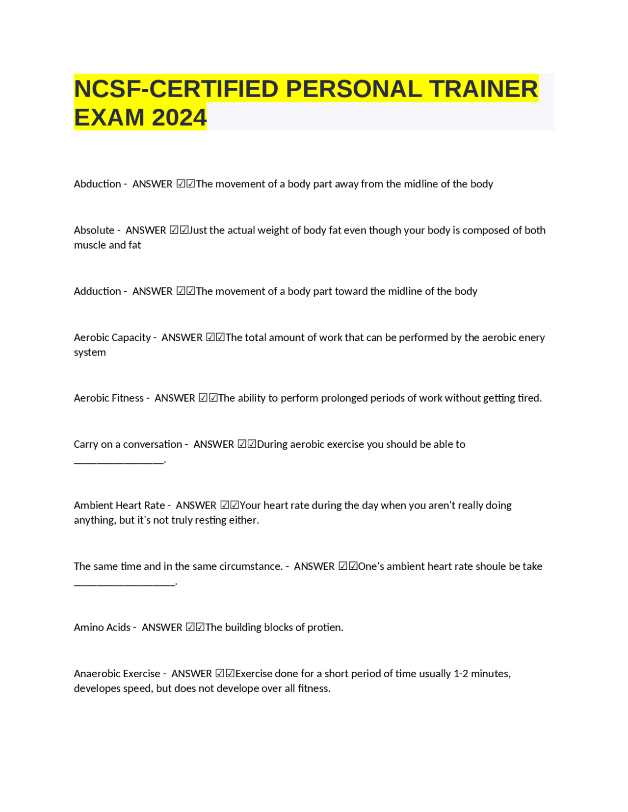 NCSF-CERTIFIED PERSONAL TRAINER EXAM 2024 | Exams Nursing | Docsity