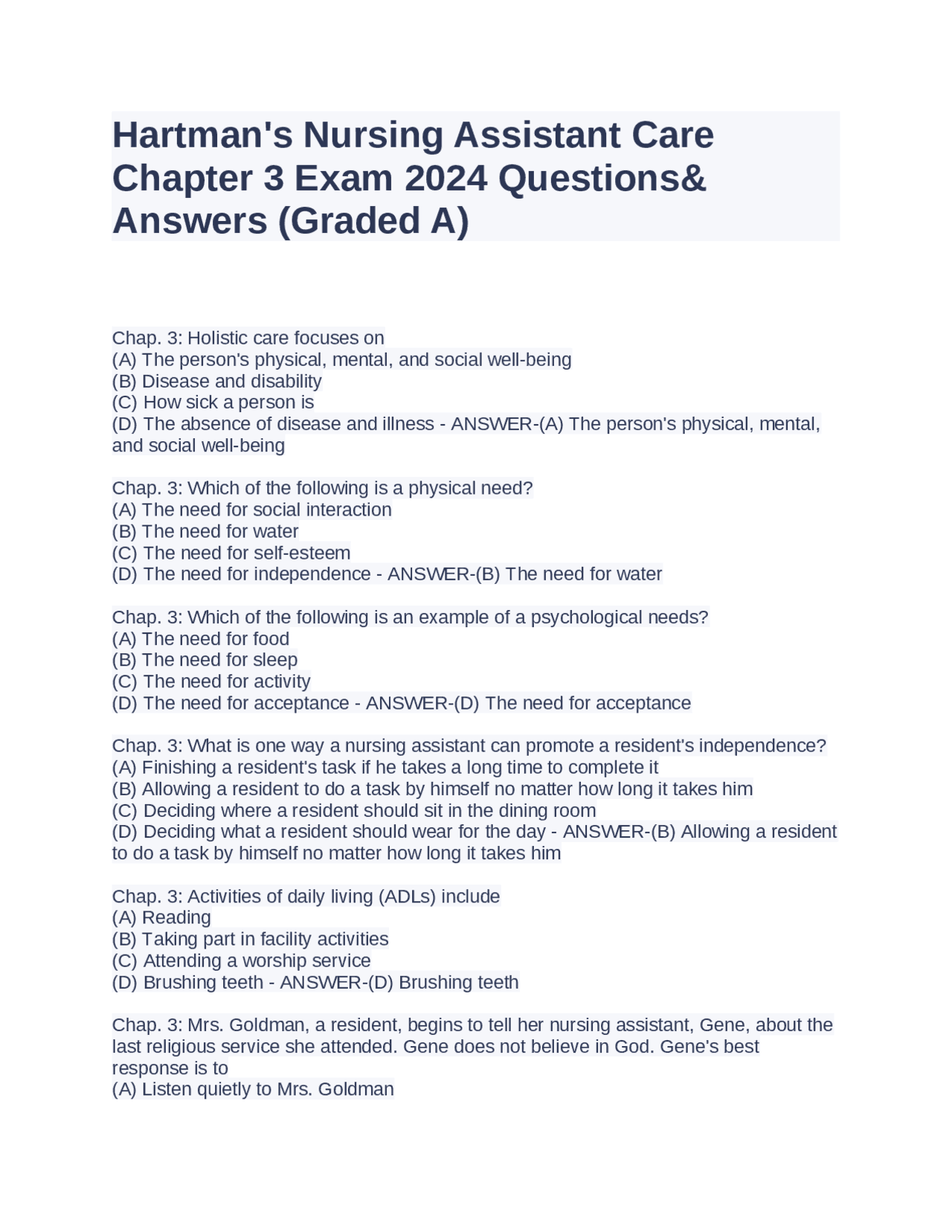 Hartman's Nursing Assistant Care Chapter 3 Exam 2024 Questions& Answers ...