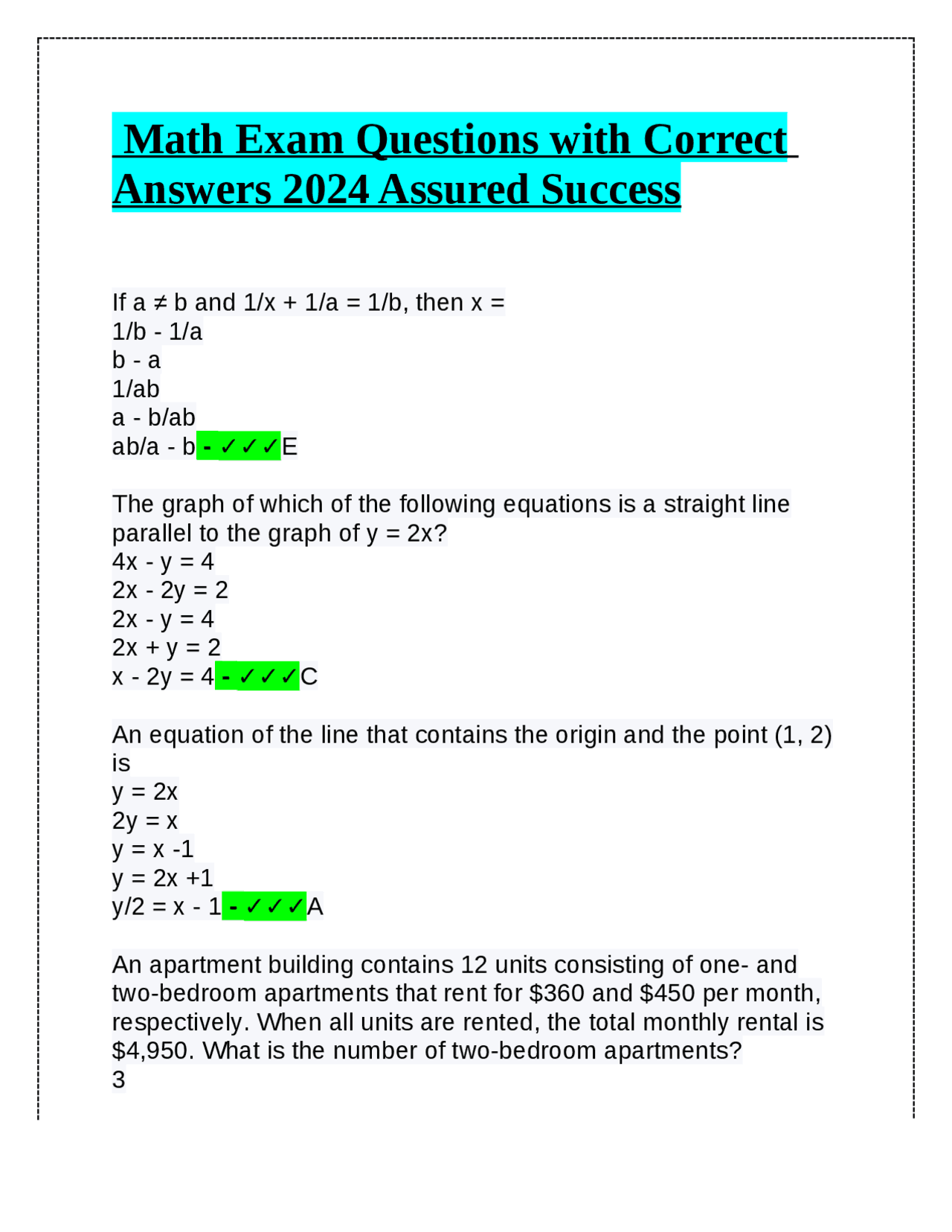 Math Exam Questions with Correct Answers 2024 Assured Success | Exams Mathematics | Docsity