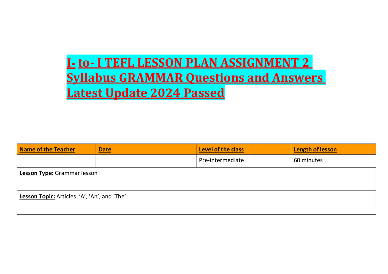 Articles Lesson Plan for Pre-Intermediate Level | Exams Grammar and ...