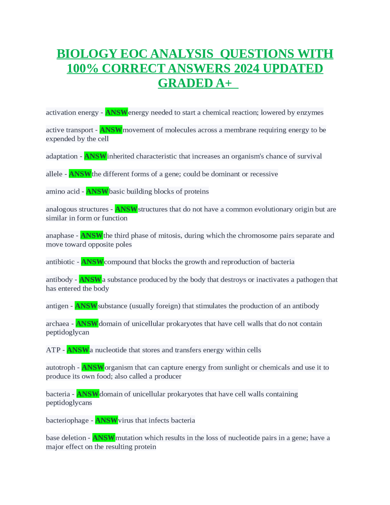 BIOLOGY EOC ANALYSIS QUESTIONS WITH 100% CORRECT ANSWERS 2024 UPDATED ...