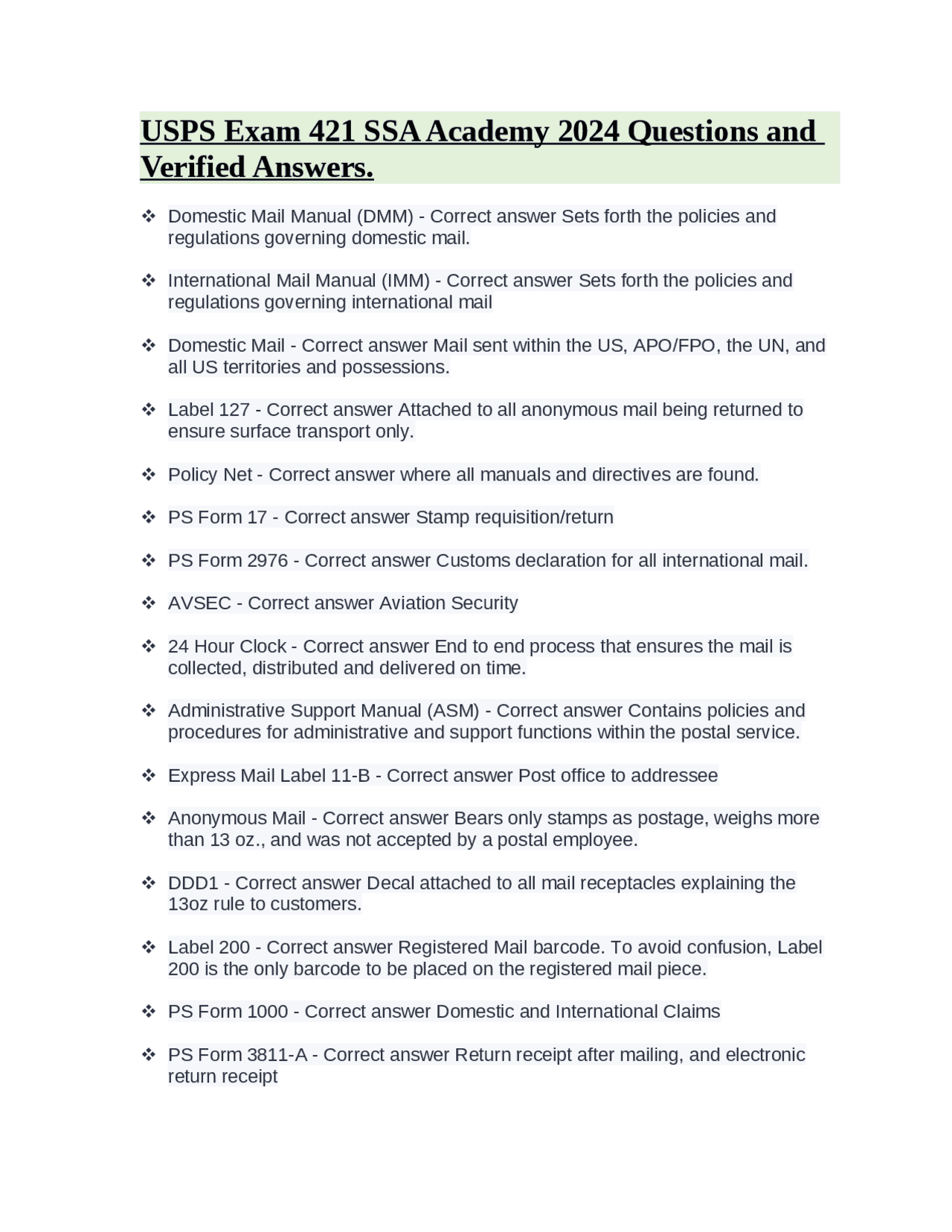 USPS Exam 421 SSA Academy 2024 Questions and Verified Answers. | Exams ...