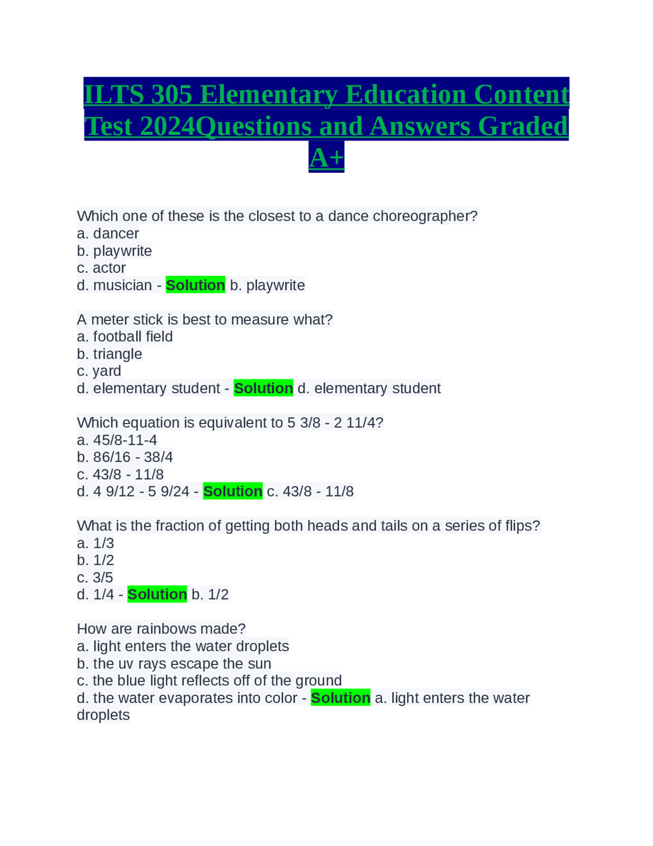 ILTS 305 Elementary Education Content Test 2024Questions and Answers ...