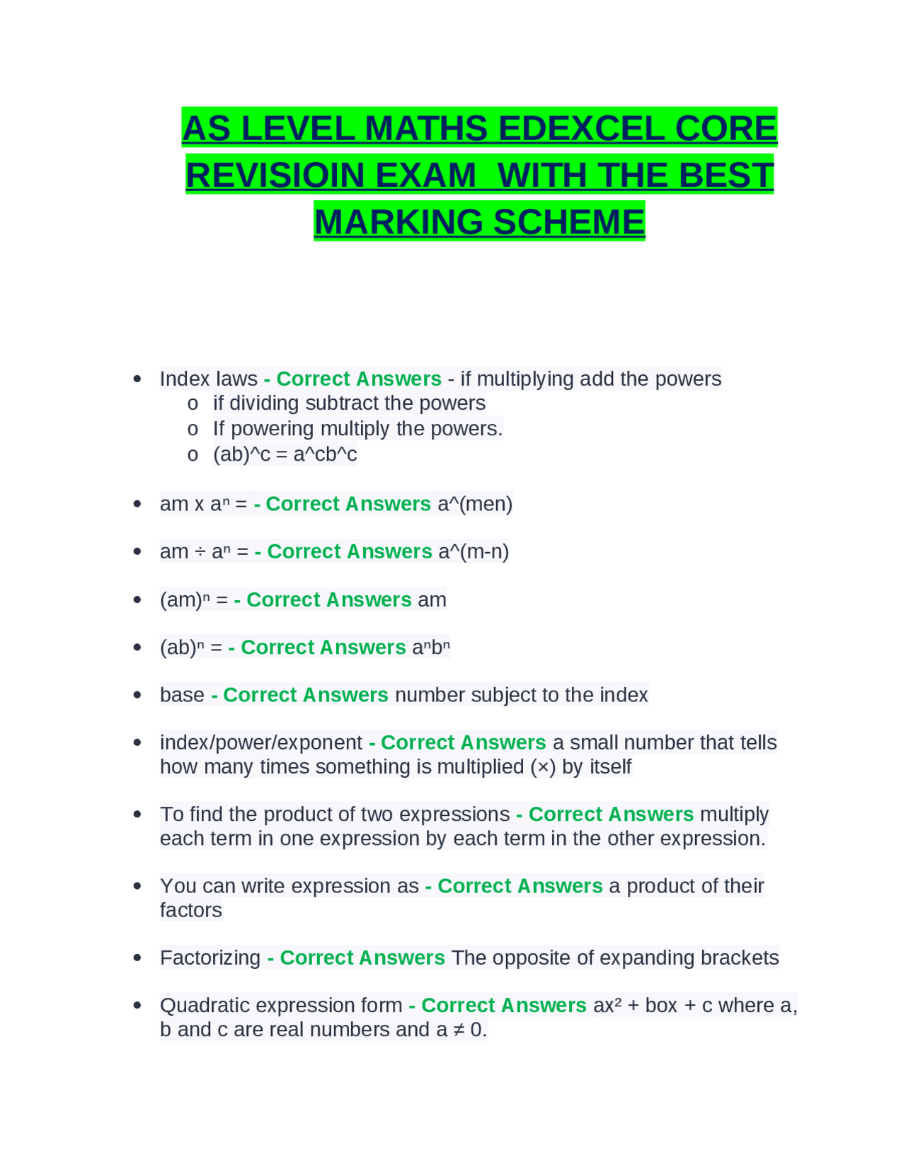 AS LEVEL MATHS EDEXCEL CORE REVISIOIN EXAM WITH THE BEST MARKING SCHEME ...