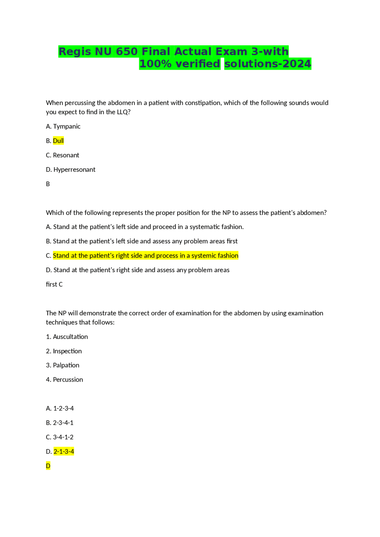 Regis NU 650 Final Actual Exam 3-with 100% verified solutions-2024.docx | Exams Nursing | Docsity