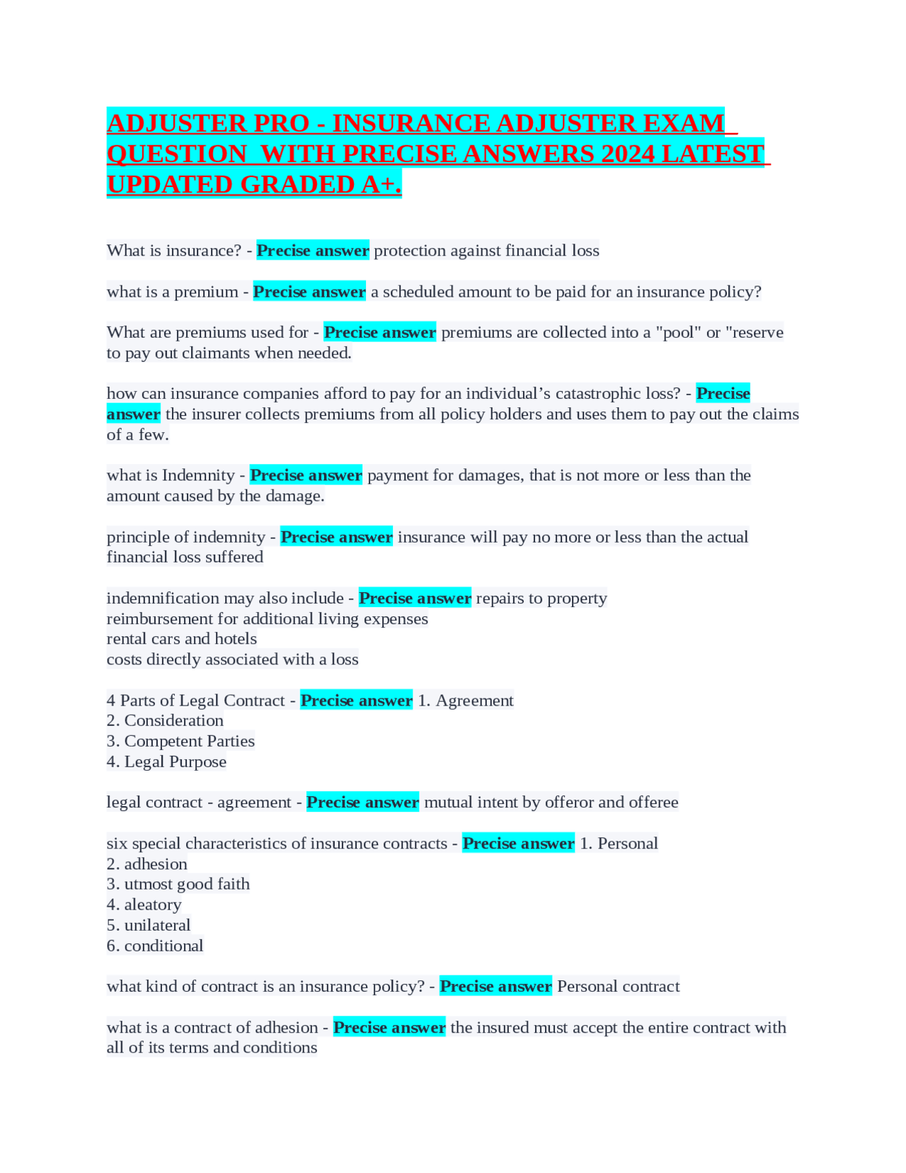 ADJUSTER PRO - INSURANCE ADJUSTER EXAM QUESTION WITH PRECISE ANSWERS ...