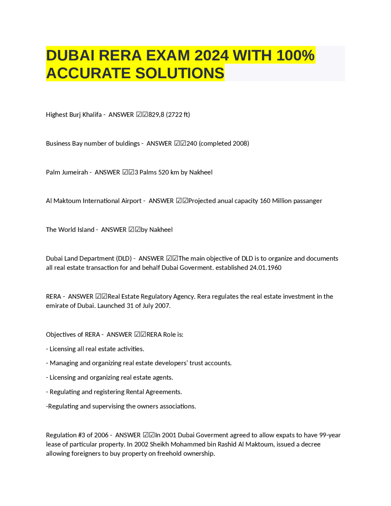 DUBAI RERA EXAM 2024 WITH 100% ACCURATE SOLUTIONS | Exams Nursing | Docsity
