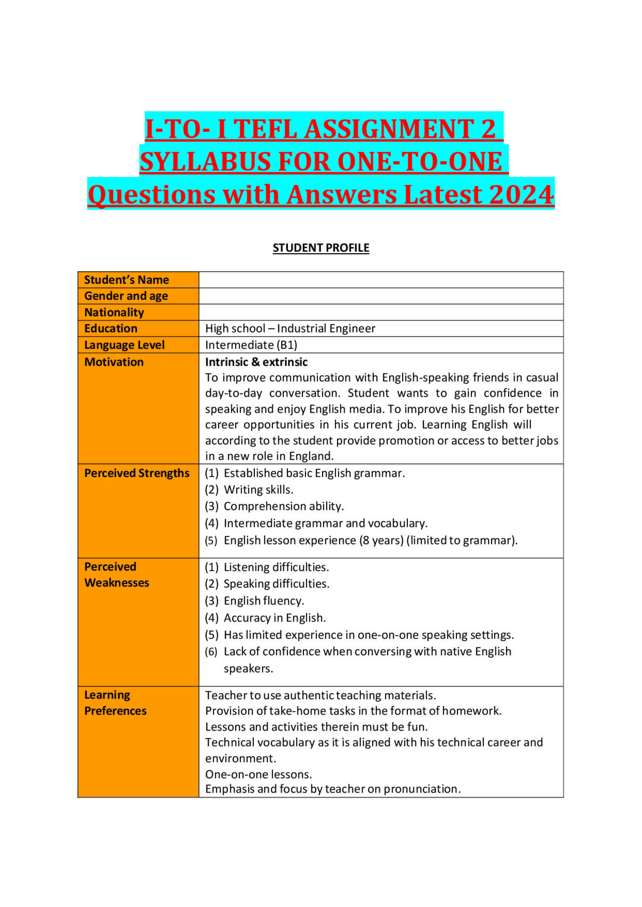 I-TO- I TEFL ASSIGNMENT 2 SYLLABUS FOR ONE-TO-ONE Questions with ...