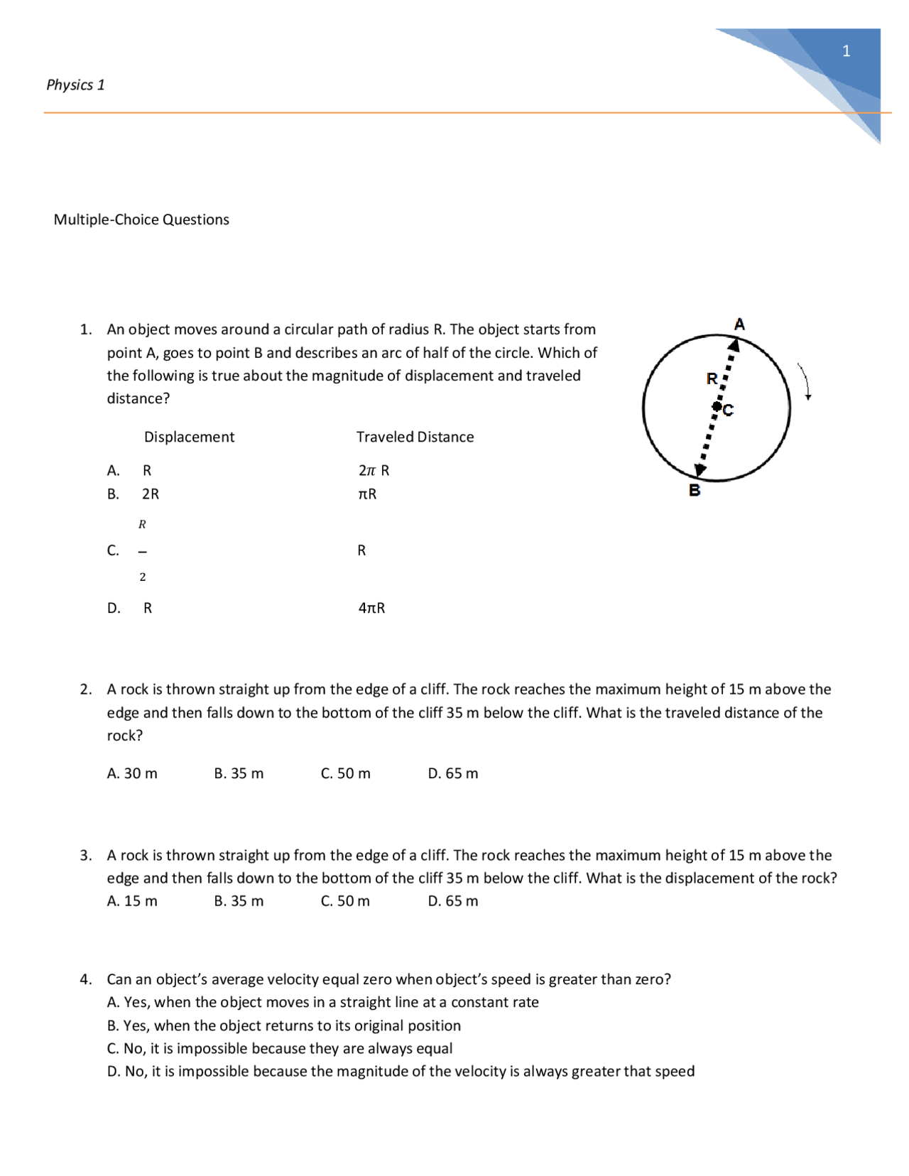 PHYSICS 1 PRACTICE QUESTIONS WITH CORRECT ANSWERS | Exams Nursing | Docsity