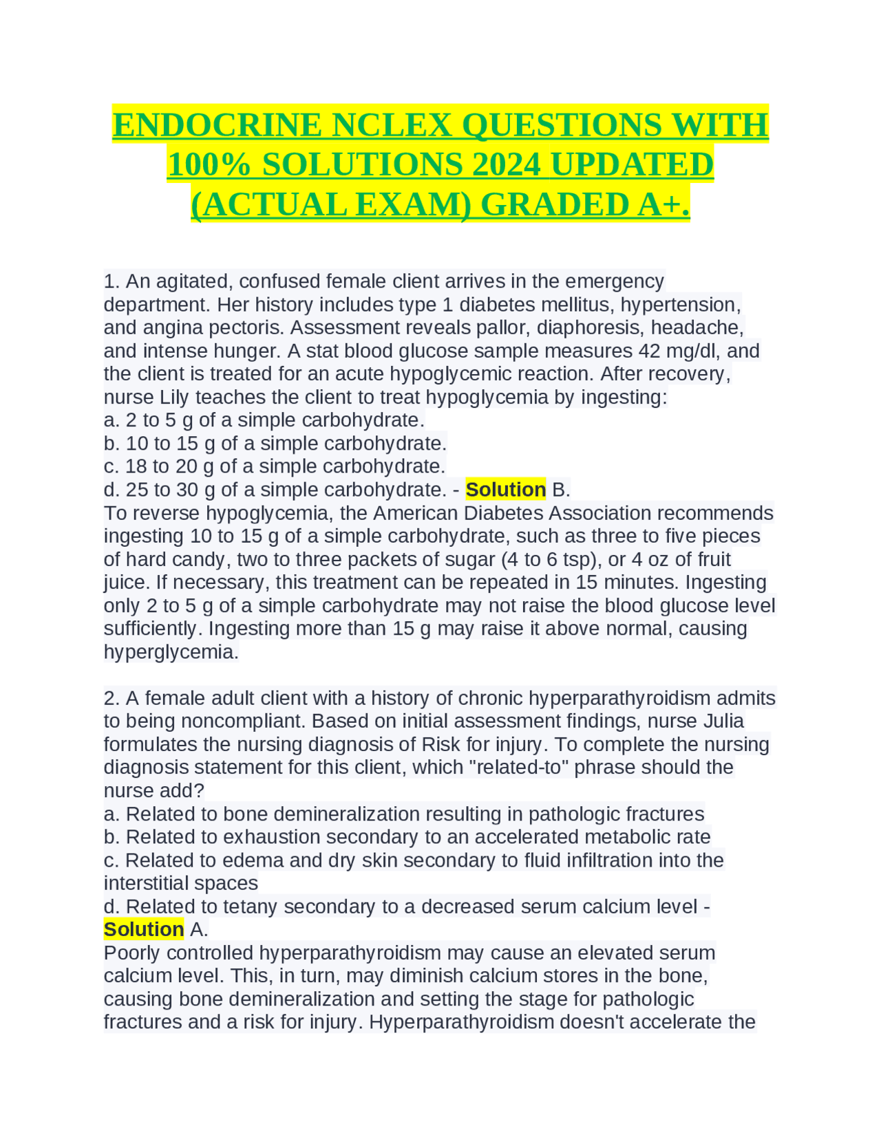 ENDOCRINE NCLEX QUESTIONS WITH 100% SOLUTIONS 2024 UPDATED (ACTUAL EXAM ...