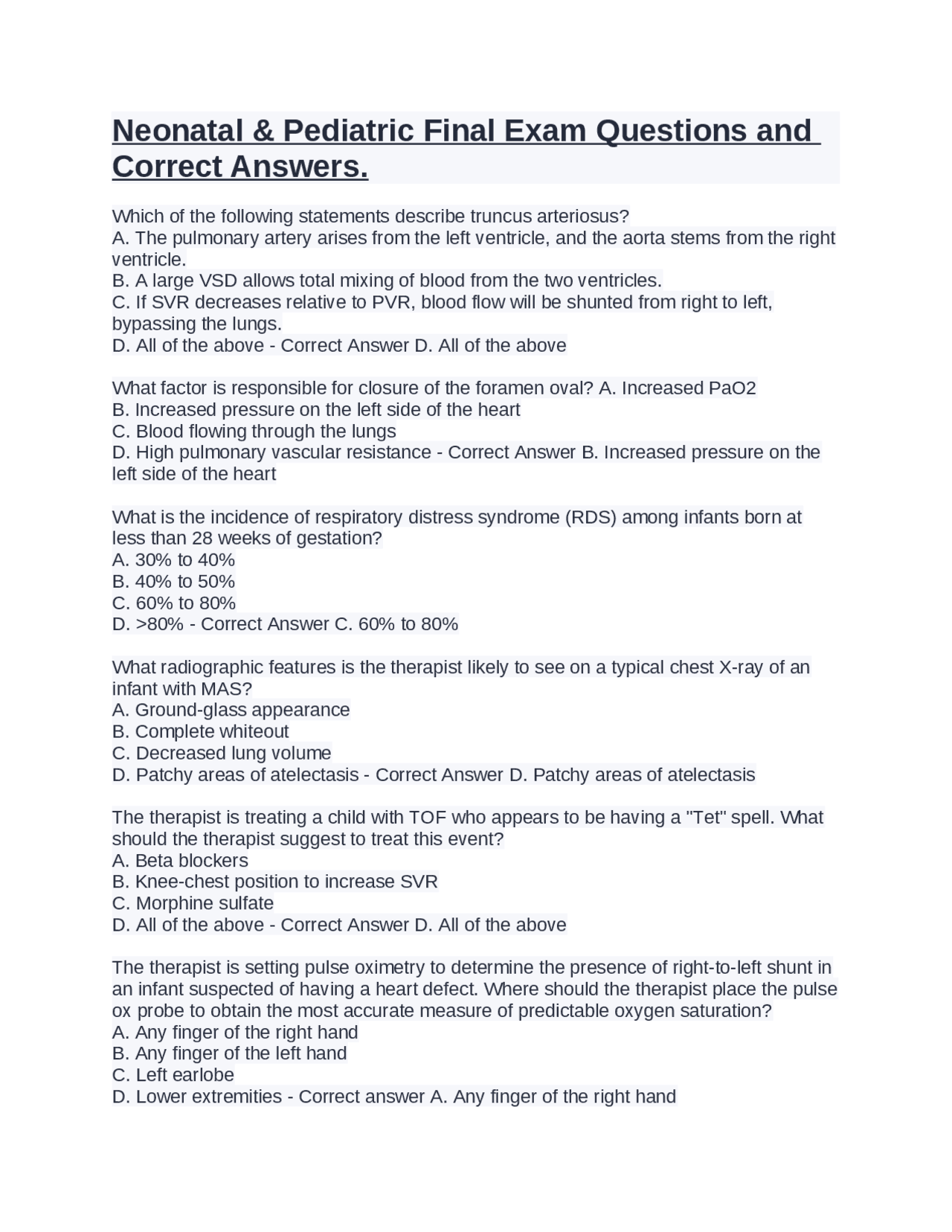 Neonatal & Pediatric Final Exam Questions and Correct Answers. | Exams ...