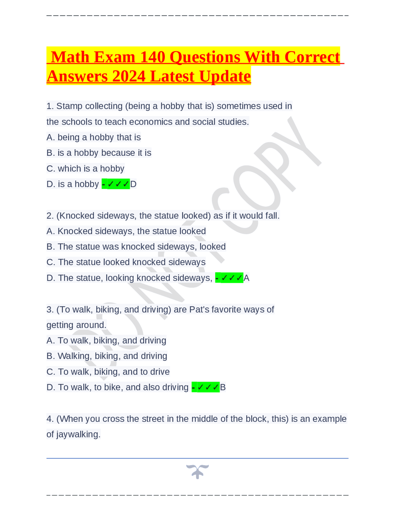 Math Exam 140 Questions With Correct Answers 2024 Latest Update | Exams ...