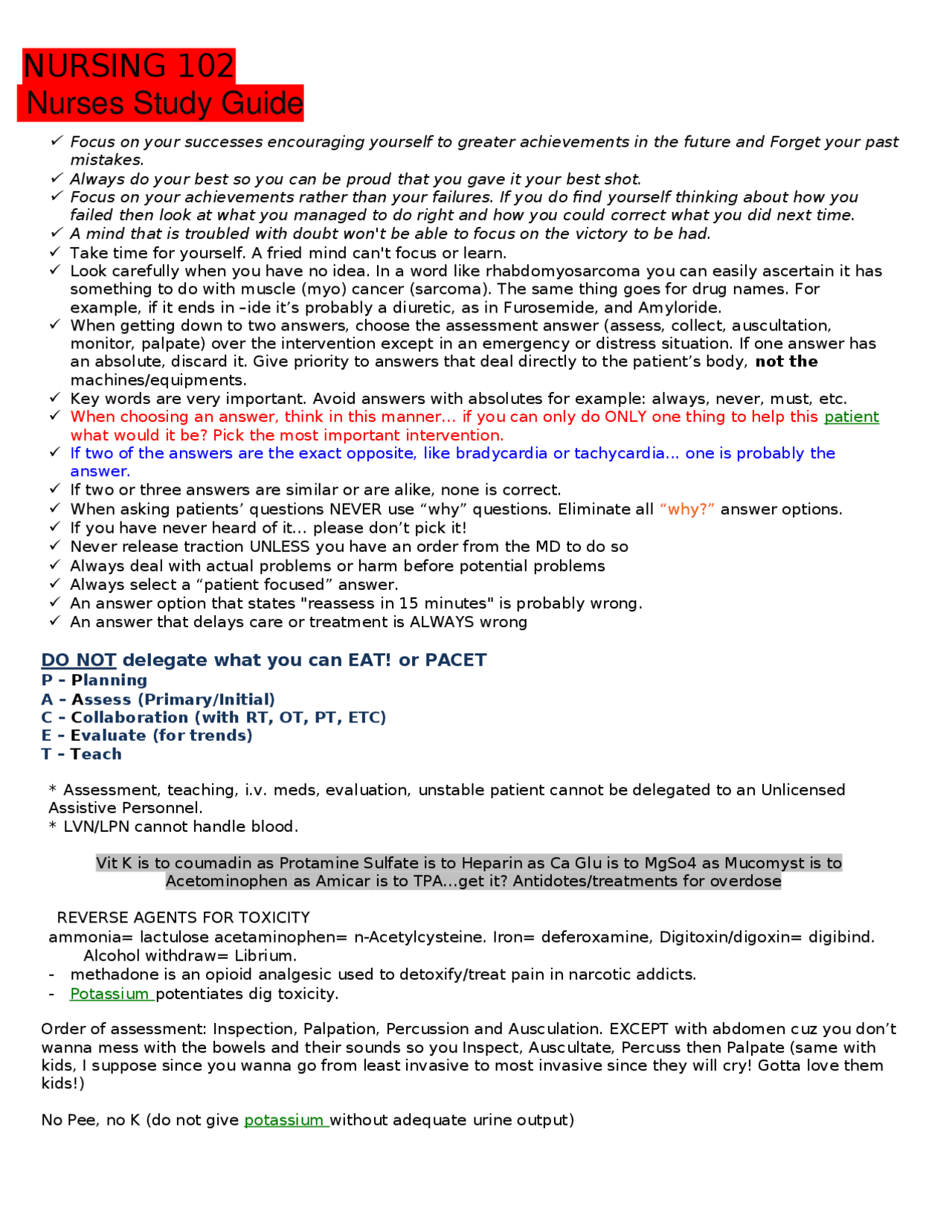 NURSING 102 Nurses Study Guide | Study Guides, Projects, Research ...