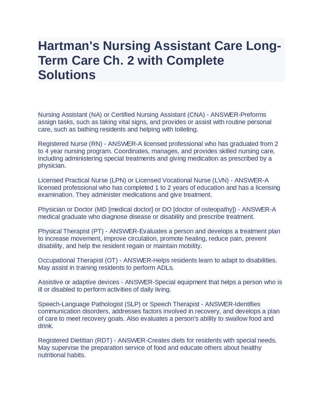 Hartman's Nursing Assistant Care Long-Term Care Ch. 2 with Complete ...