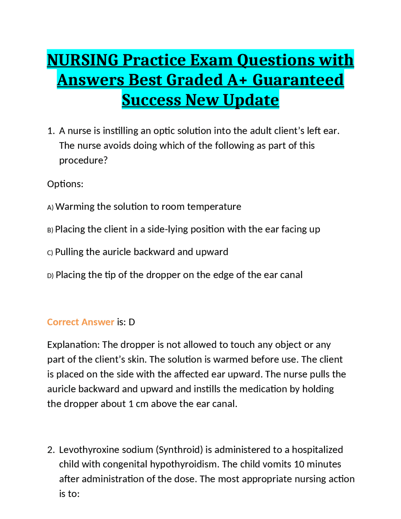 NURSING Practice Exam Questions with Answers Best Graded A+ Guaranteed ...