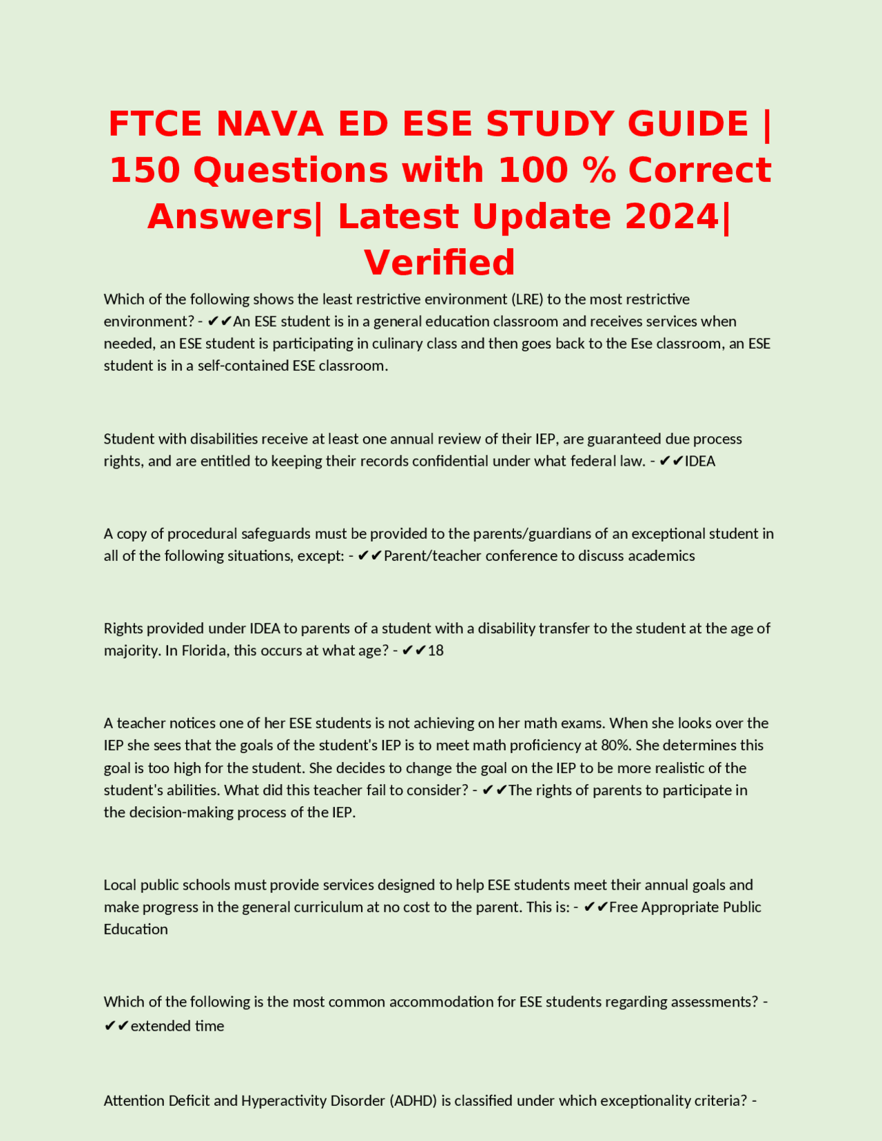 FTCE NAVA ED ESE STUDY GUIDE | 150 Questions with 100 % Correct Answers ...