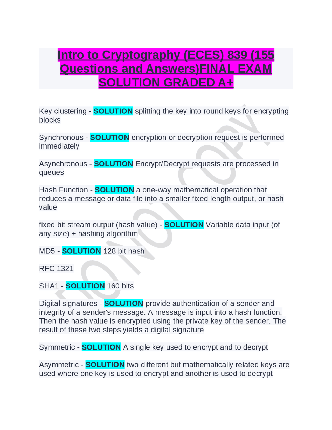 Intro to Cryptography (ECES) 839 (155 Questions and Answers)FINAL EXAM SOLUTION GRADED A+ ...
