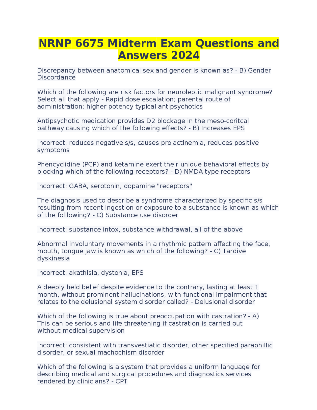 NRNP 6675 Midterm Exam Questions and Answers 2024 | Exams Nursing | Docsity