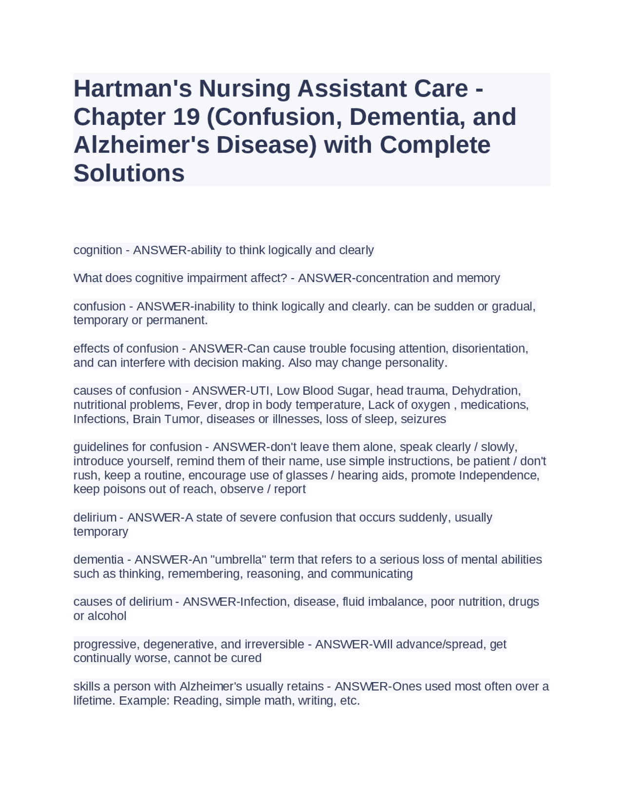 Hartman's Nursing Assistant Care - Chapter 19 (Confusion, Dementia, and ...