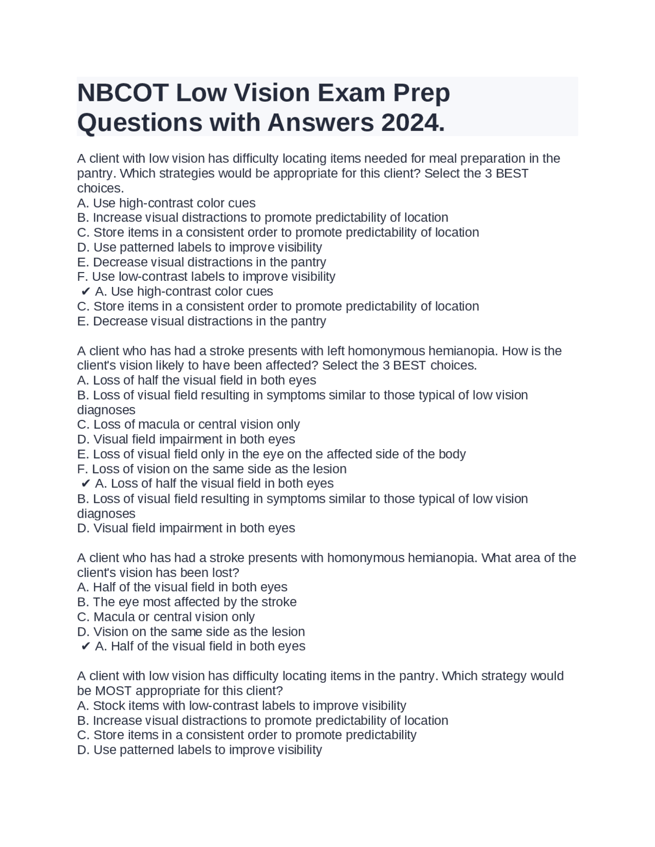 NBCOT Low Vision Exam Prep Questions with Answers 2024. | Exams ...