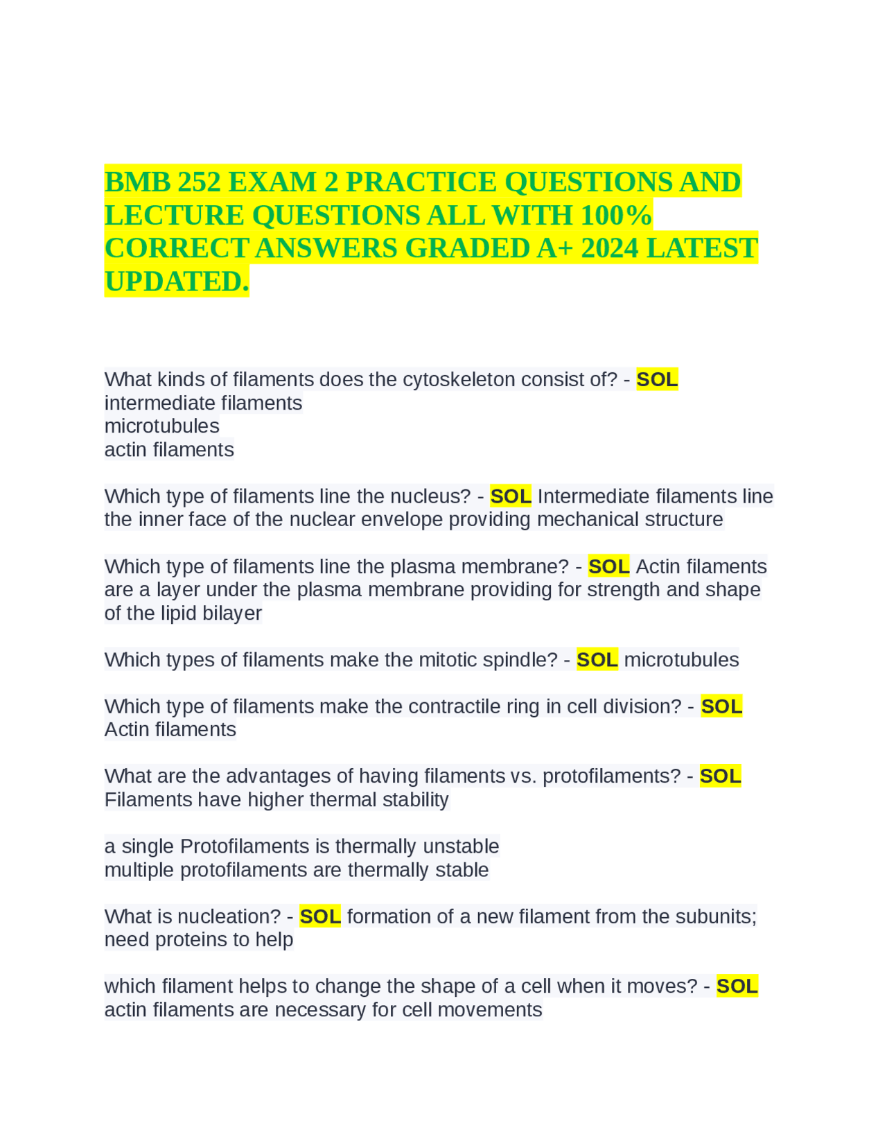 BMB 252 EXAM 2 PRACTICE QUESTIONS AND LECTURE QUESTIONS ALL WITH 100% CORRECT ANSWERS GRAD ...