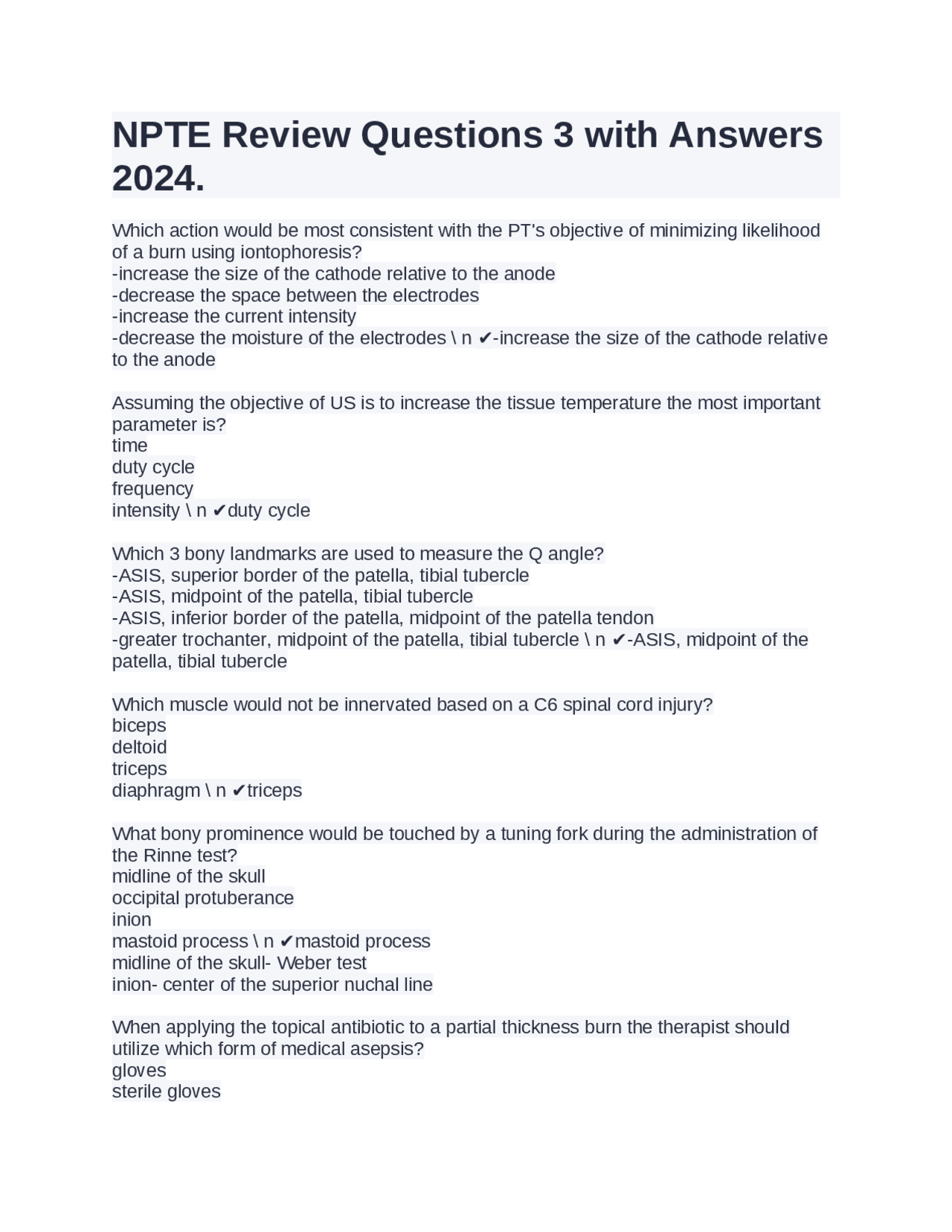 NPTE Review Questions 3 with Answers 2024. | Exams Nursing | Docsity