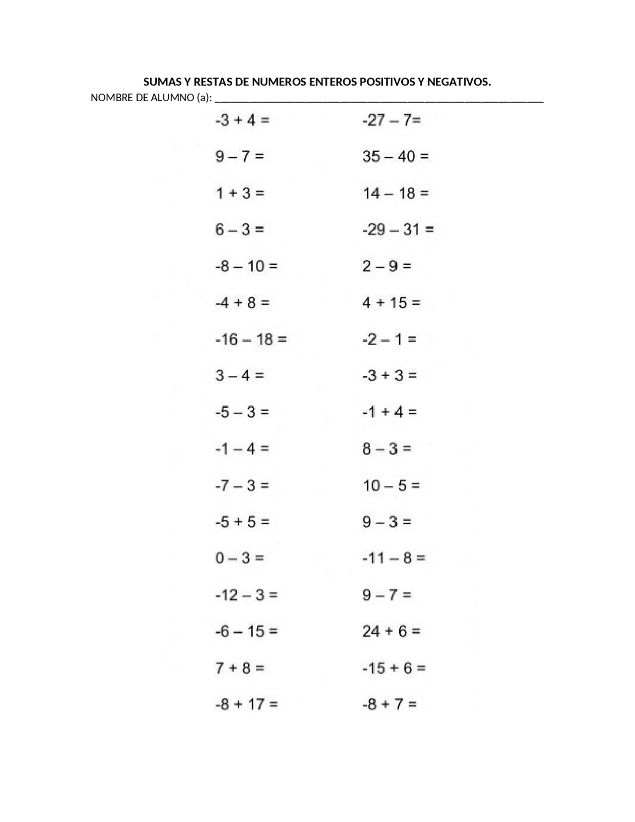 Operaciones Básicas con Números Enteros y Fracciones | Ejercicios de Matemáticas | Docsity