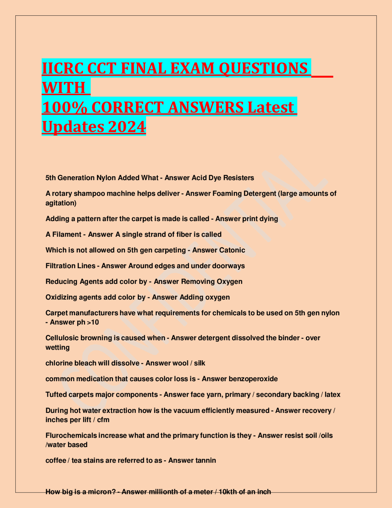 IICRC CCT FINAL EXAM QUESTIONS WITH 100% CORRECT ANSWERS Latest Updates ...
