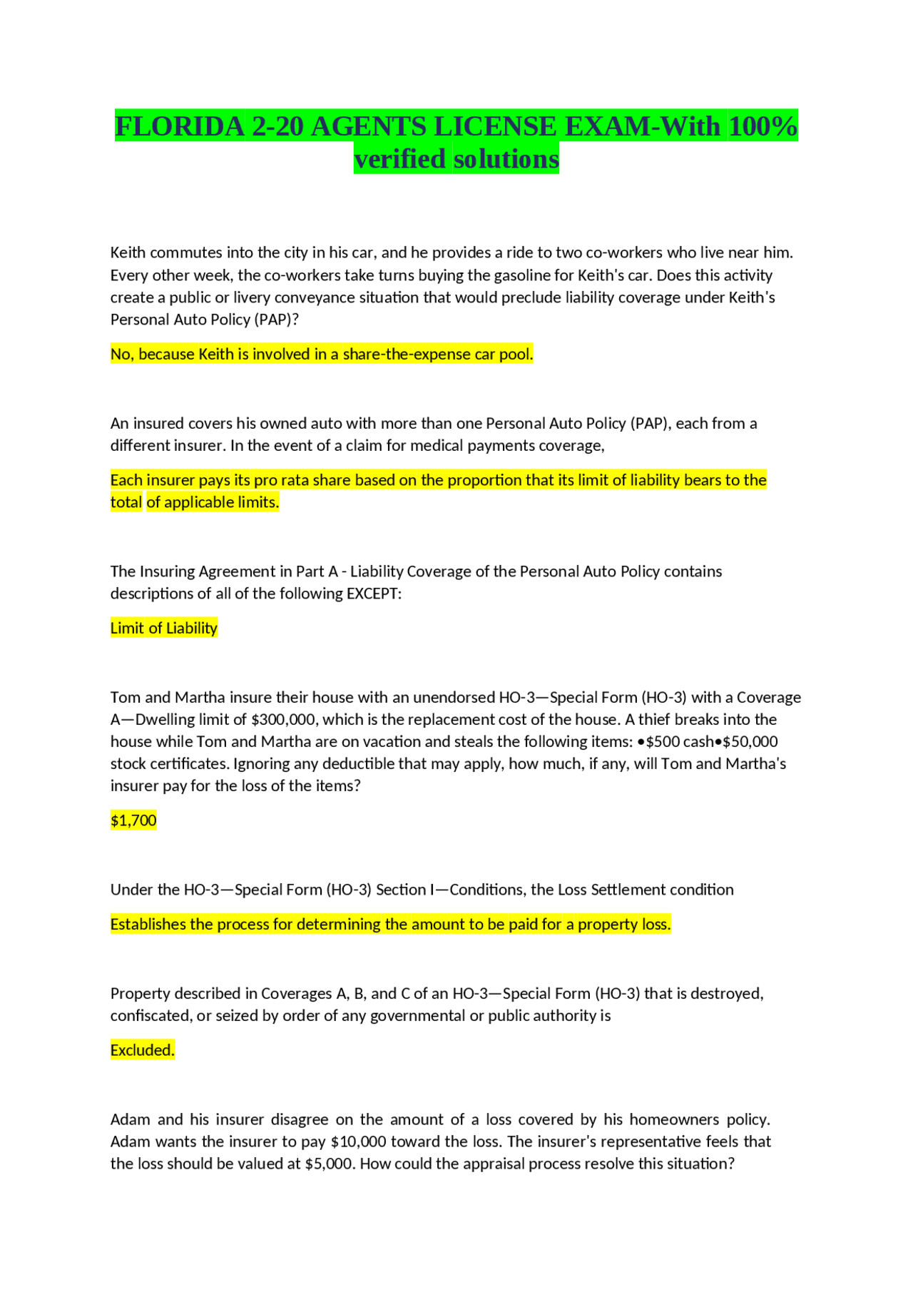 FLORIDA 2-20 AGENTS LICENSE EXAM-With 100 verified solutions.docx ...