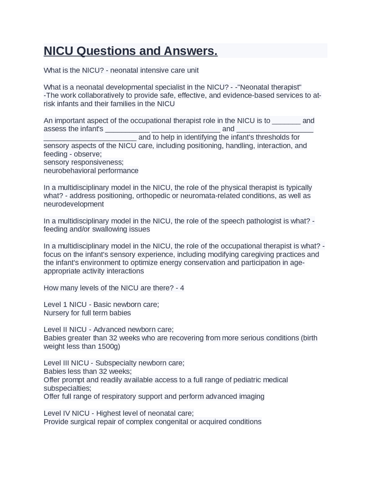 NICU Questions and Answers. | Exams Medical Sciences | Docsity