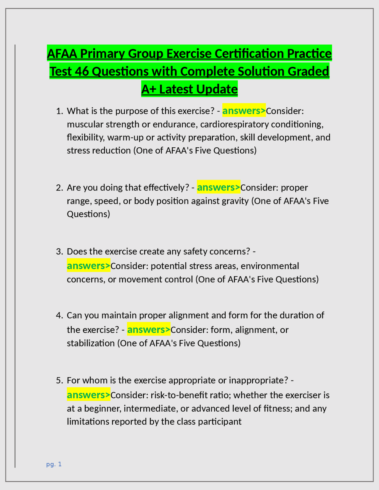 AFAA Primary Group Exercise Certification Practice Test 46 Questions ...