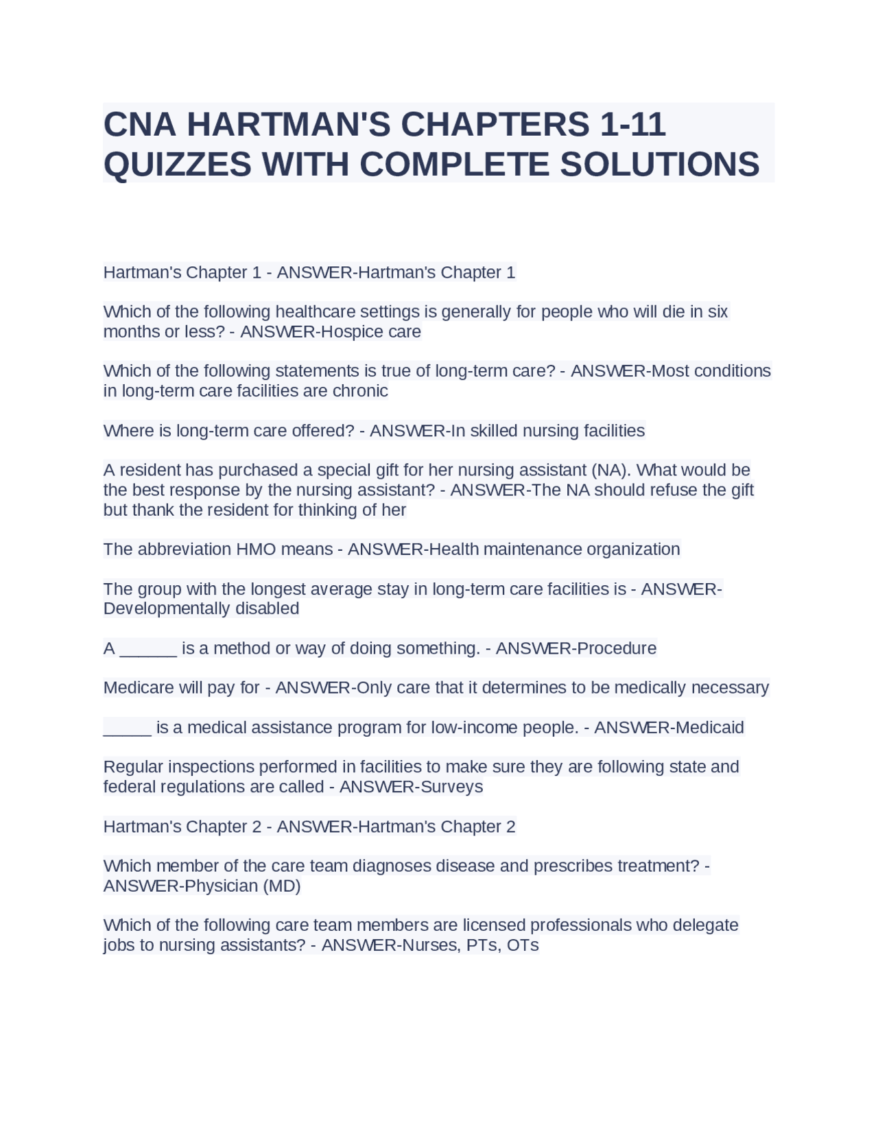 CNA HARTMAN'S CHAPTERS 1-11 QUIZZES WITH COMPLETE SOLUTIONS | Exams Nursing | Docsity