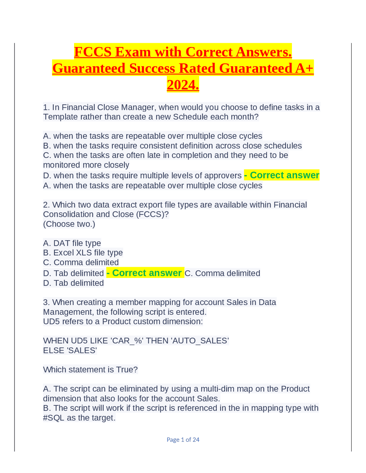 FCCS Exam with Correct Answers. Guaranteed Success Rated Guaranteed A+ ...