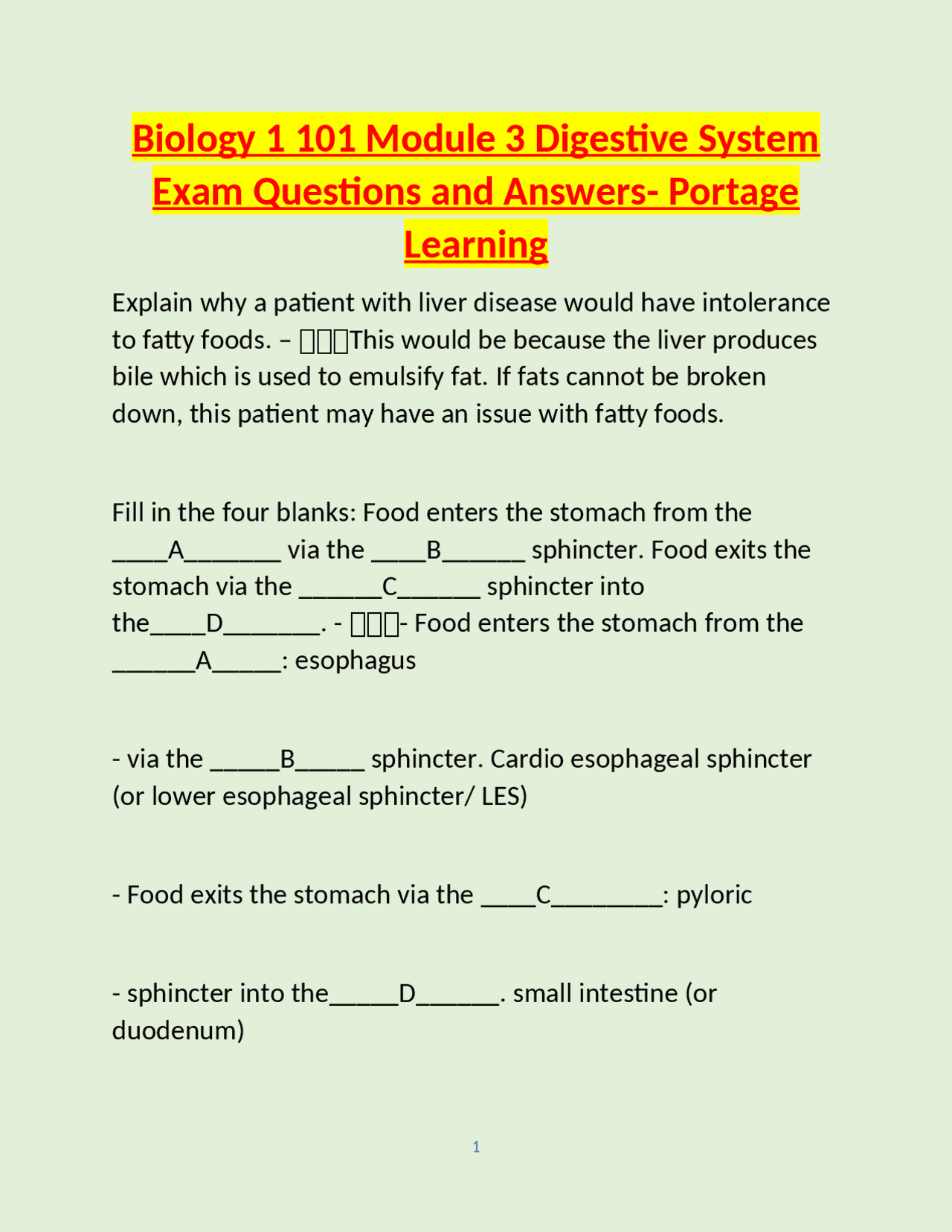 Biology 1 101 Module 3 Digestive System Exam Questions and Answers ...