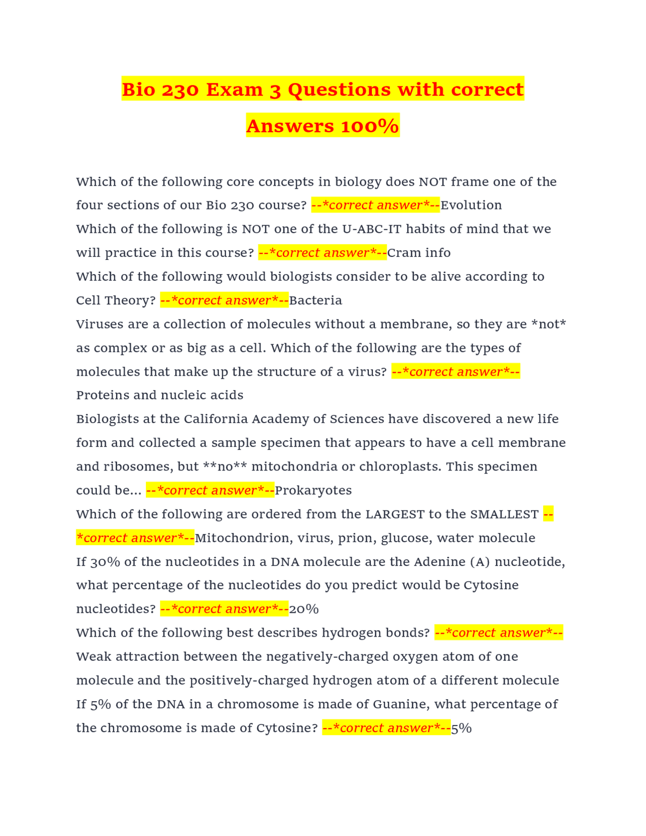 Bio 230 Exam 3 Questions with correct Answers 100% | Exams Nursing ...