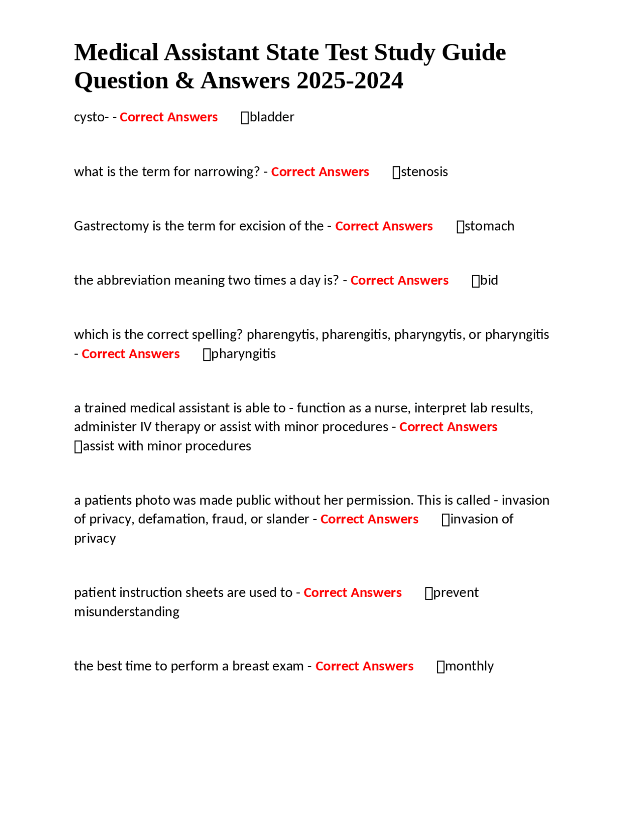 Medical Assistant State Test Study Guide Question & Answers 2025-2024 ...