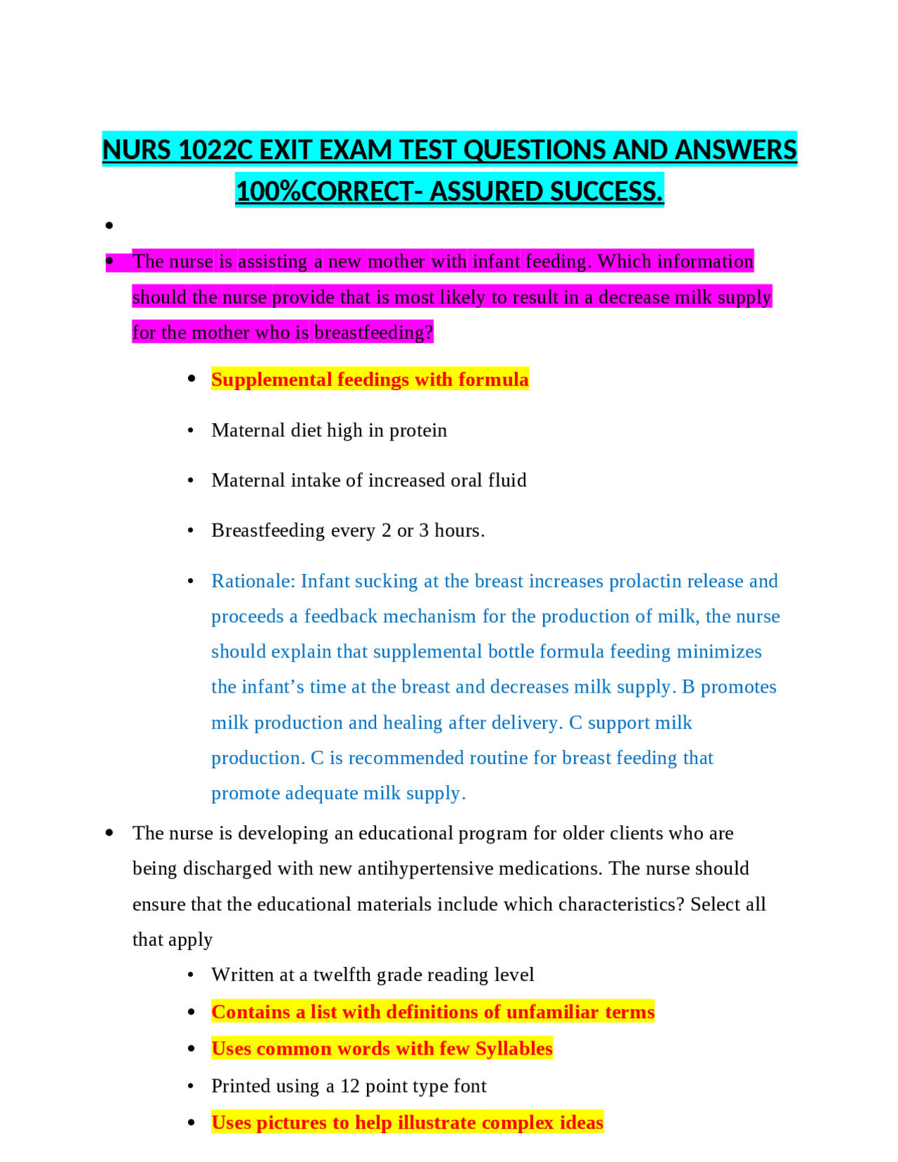 NURS 1022C EXIT EXAM TEST QUESTIONS AND ANSWERS 100%CORRECT- ASSURED ...